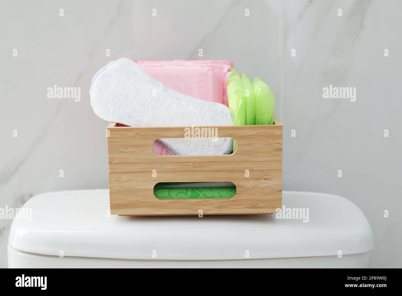 Organizer with different feminine hygiene products on toilet bowl in ...