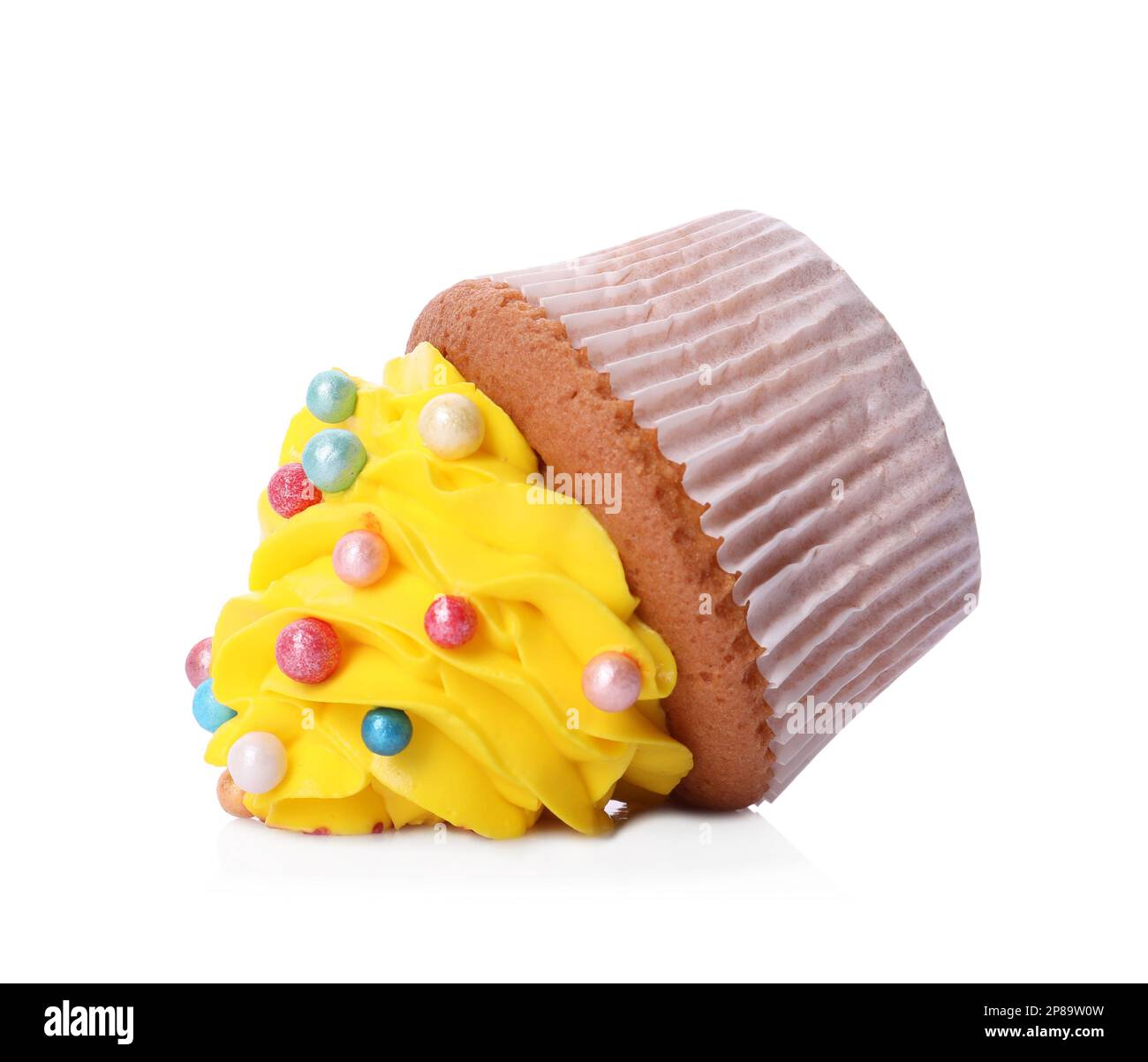 Dropped cupcake with cream on white background. Troubles happen Stock ...