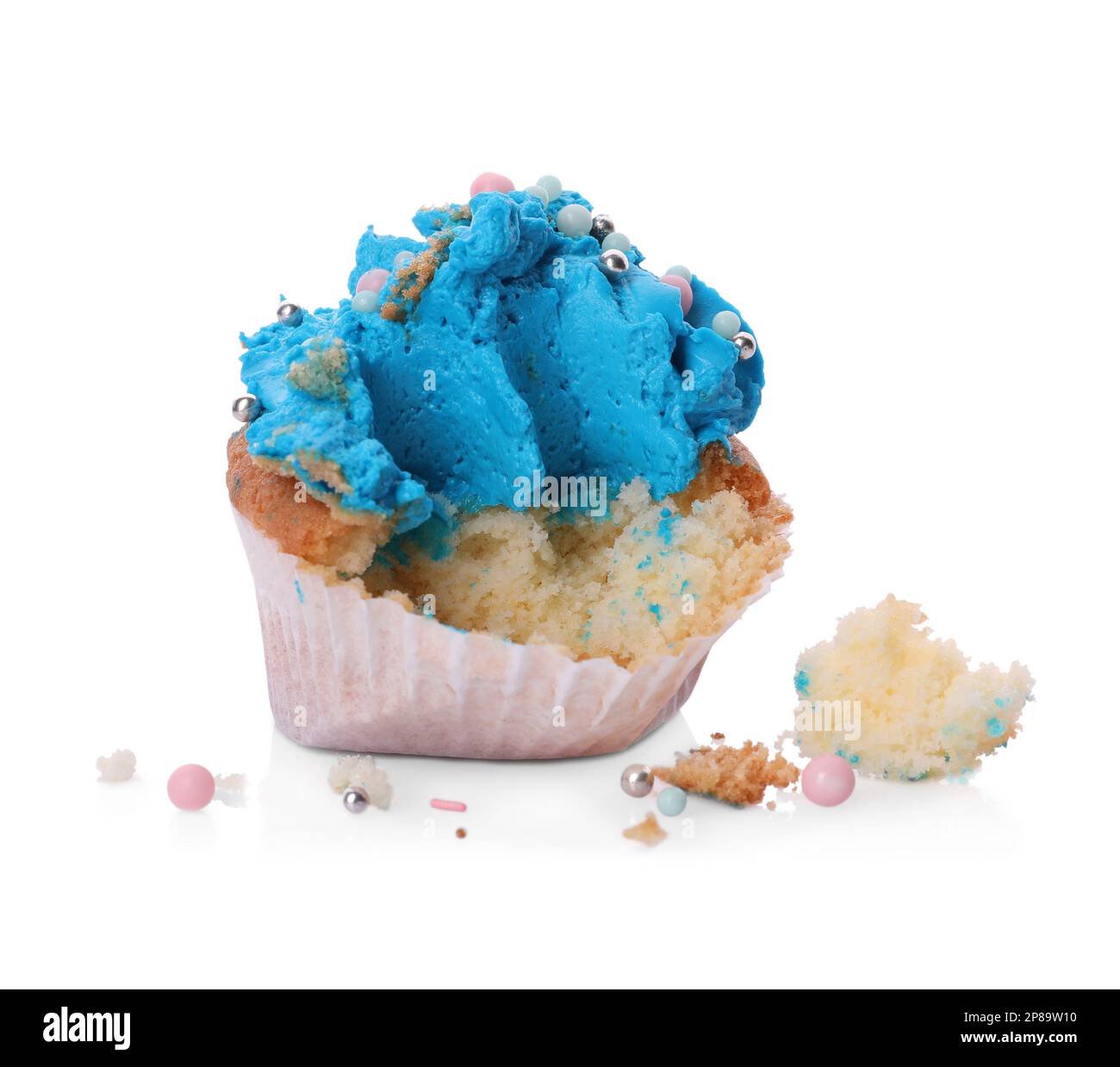 Failed cupcake with cream on white background. Troubles happen Stock ...