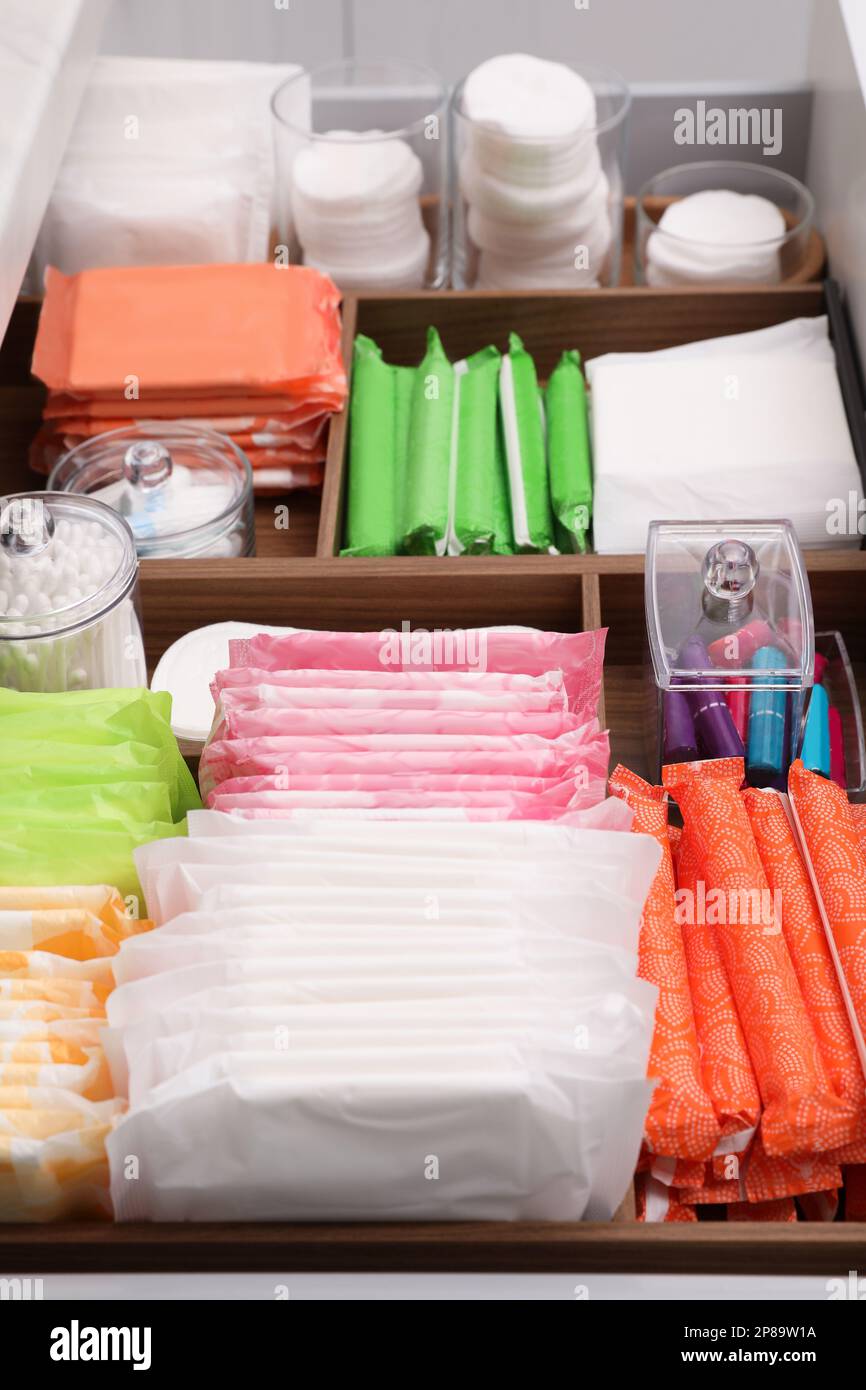 Storage of different feminine hygiene products in drawer, closeup Stock ...