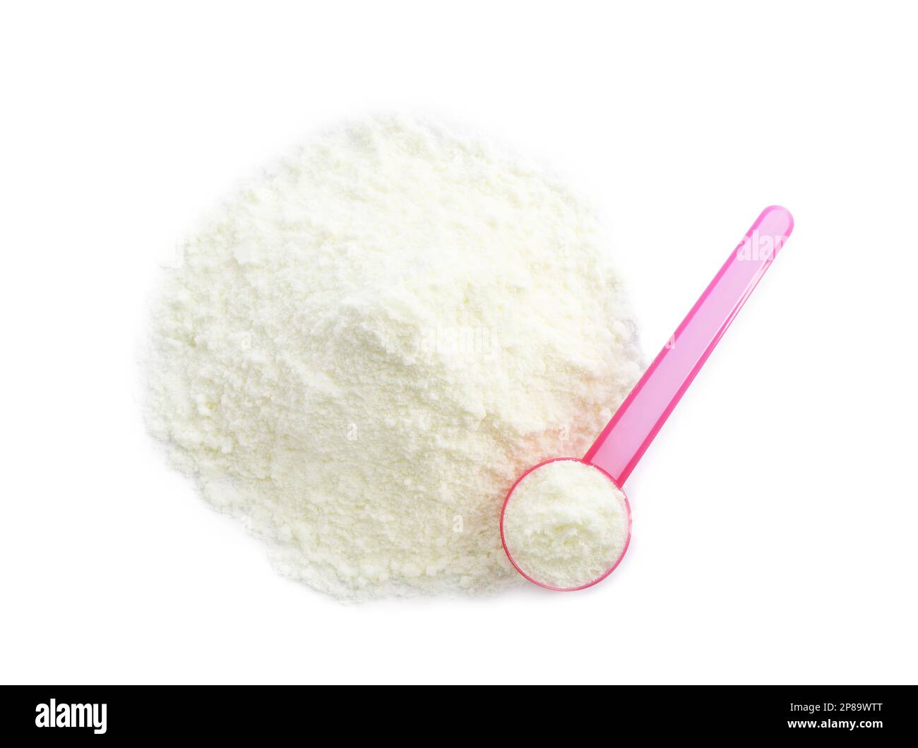 Powdered infant formula and scoop on white background, top view. Baby ...