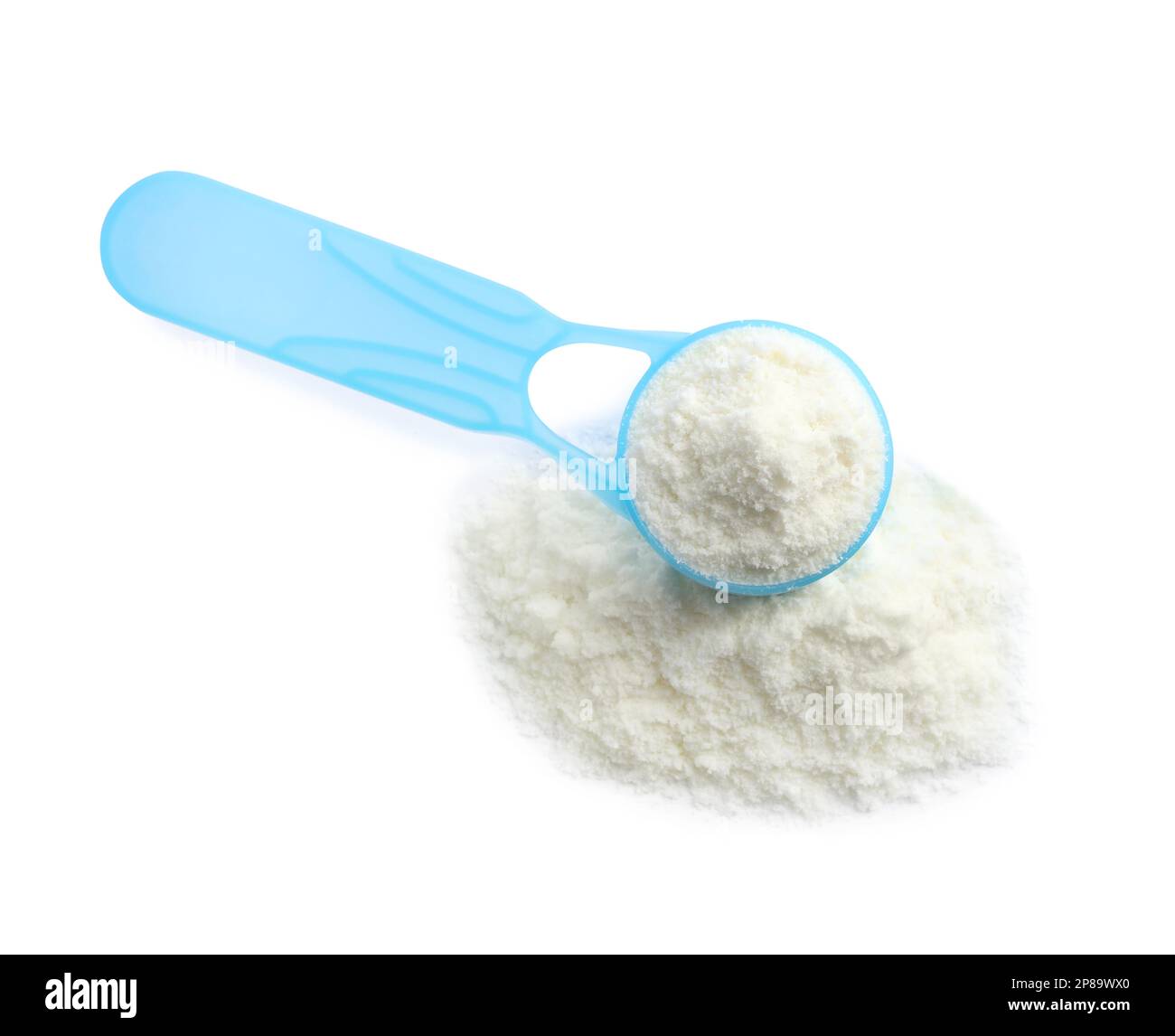 Powdered infant formula and scoop on white background, top view. Baby ...