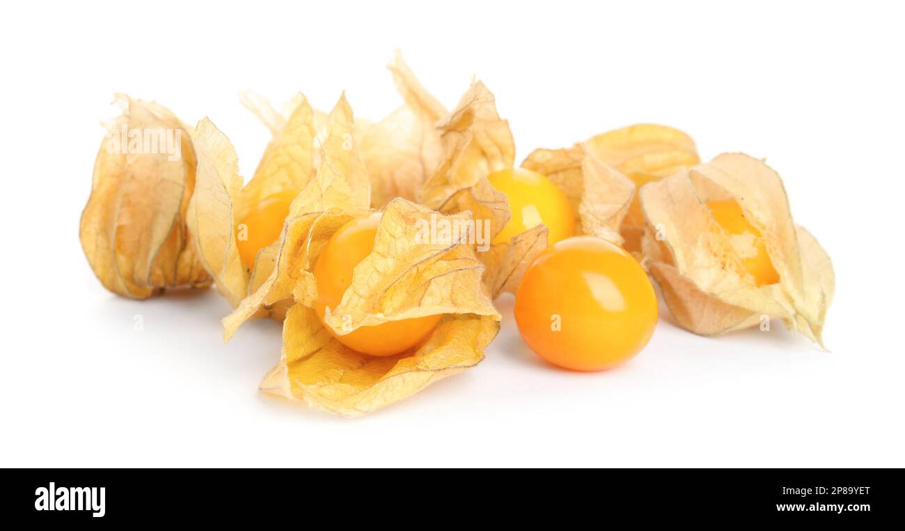Ripe physalis fruits with dry husk on white background Stock Photo - Alamy