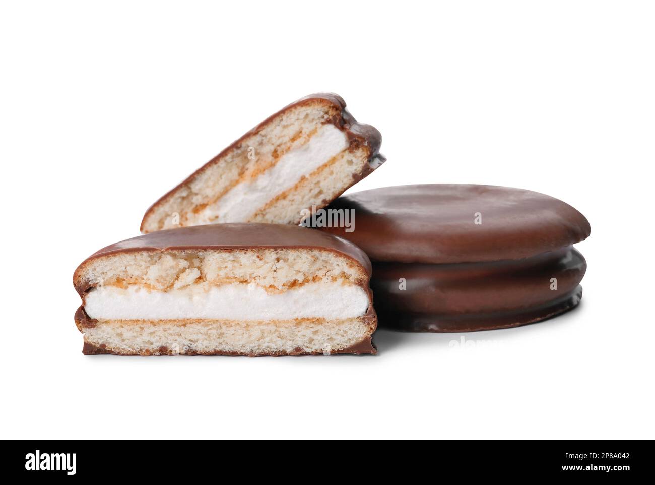 Delicious choco pies on white background. Classic snack cakes Stock ...