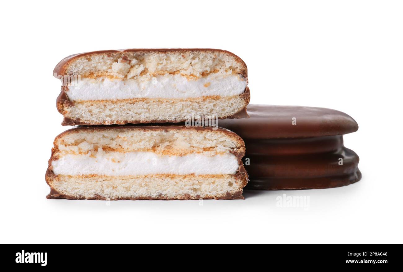 Delicious choco pies on white background. Classic snack cakes Stock ...