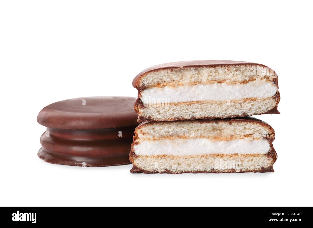 Delicious choco pies on white background. Classic snack cakes Stock ...