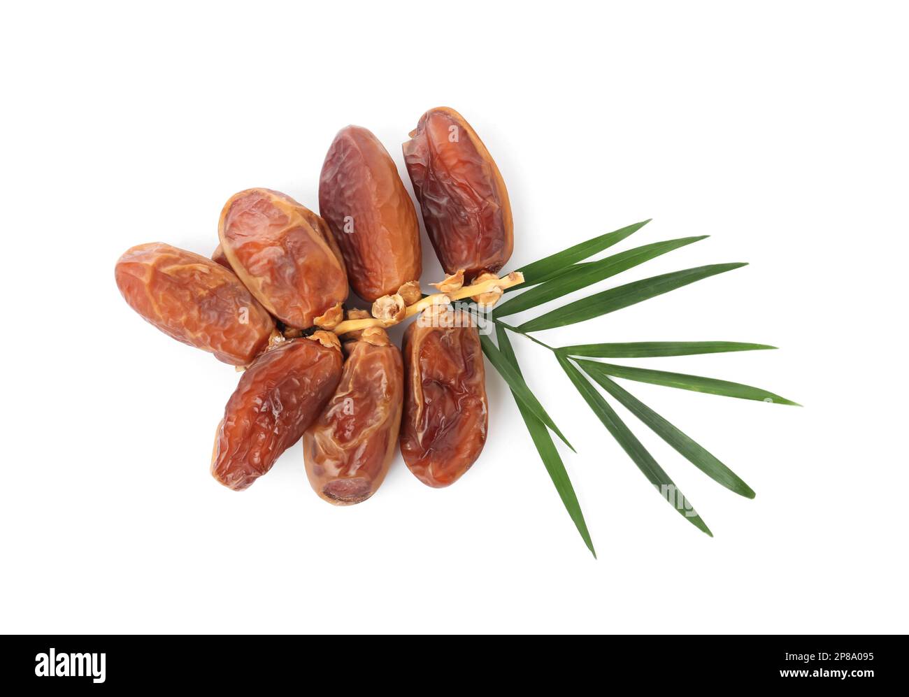 Sweet dates on branch and green leaves against white background, top ...
