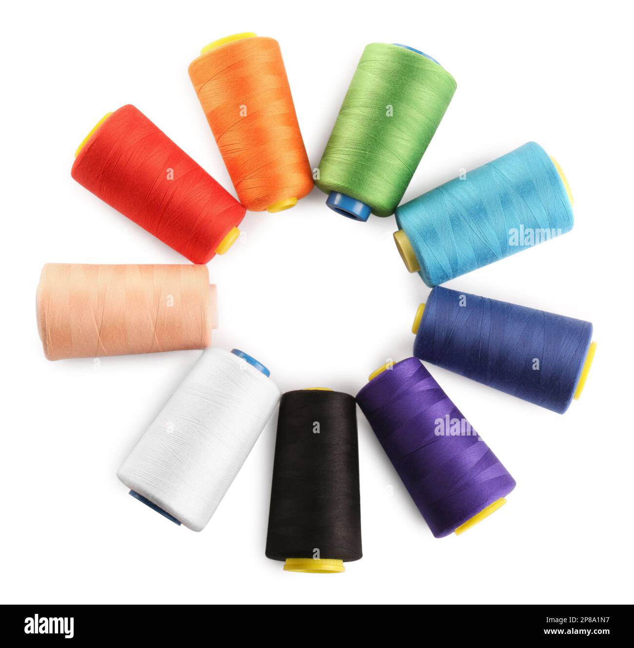 Frame of colorful sewing threads on white background, top view. Space ...