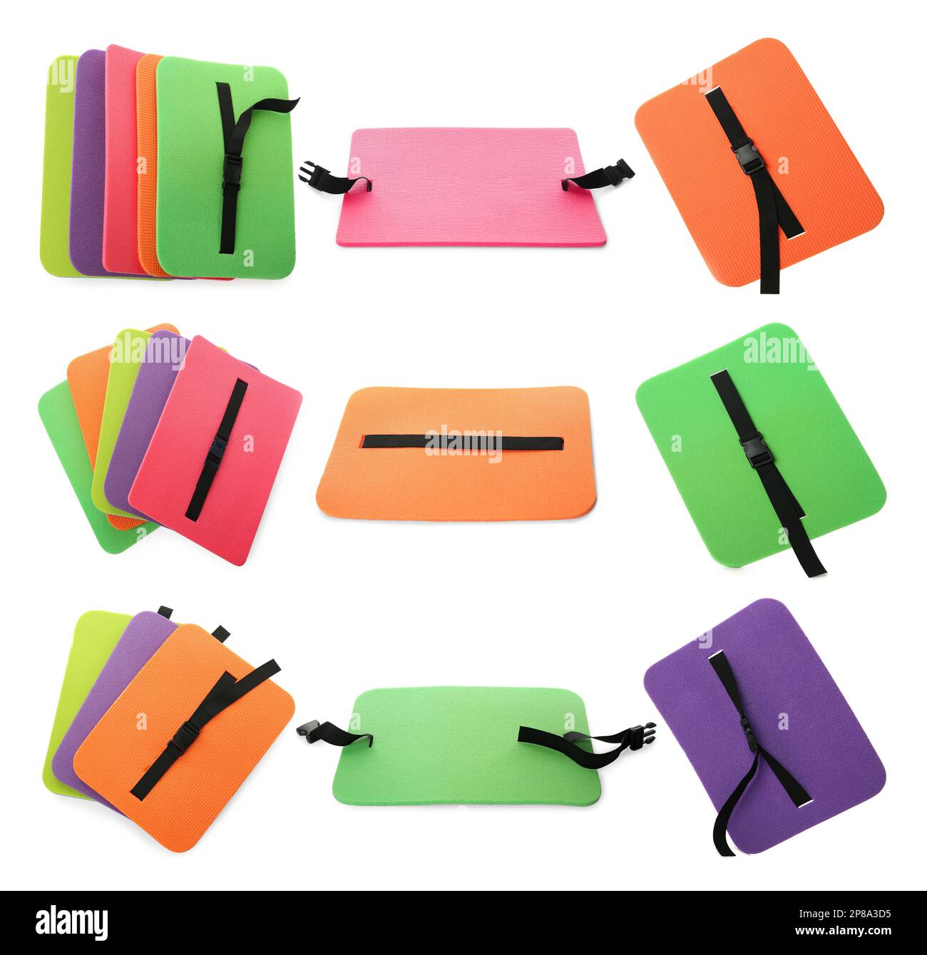 Set with colorful foam tourist seat mats on white background Stock ...