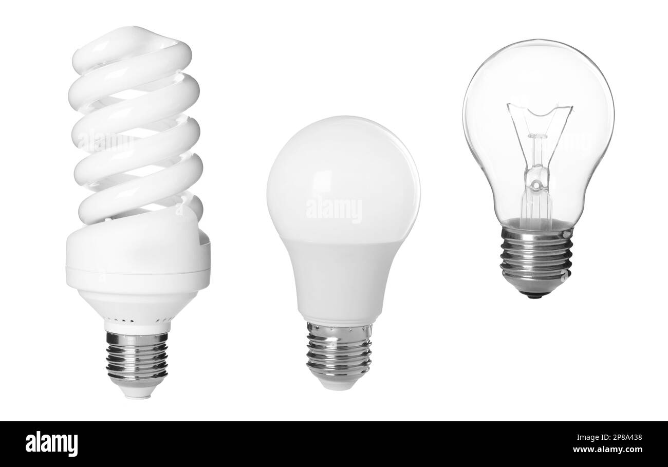 Comparison of different light bulbs on white background, collage Stock ...