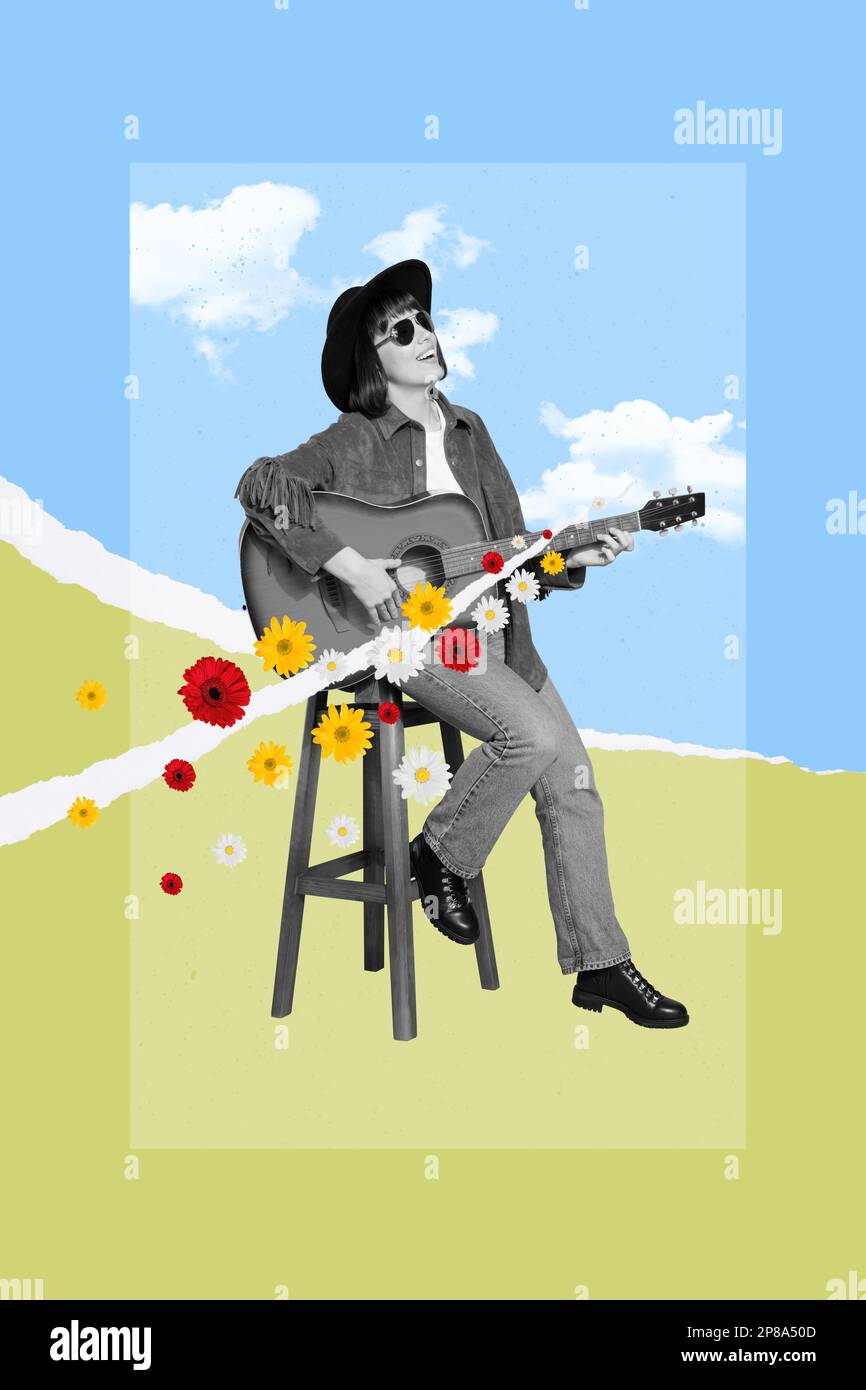 Funny blue yellow collage photo of lovely girl playing guitar solo ...