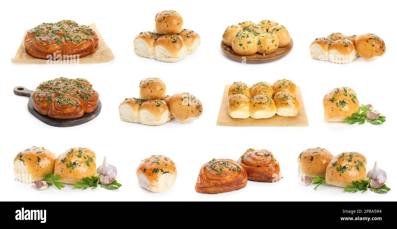 Traditional Ukrainian buns (Pampushky) on white background, collage ...