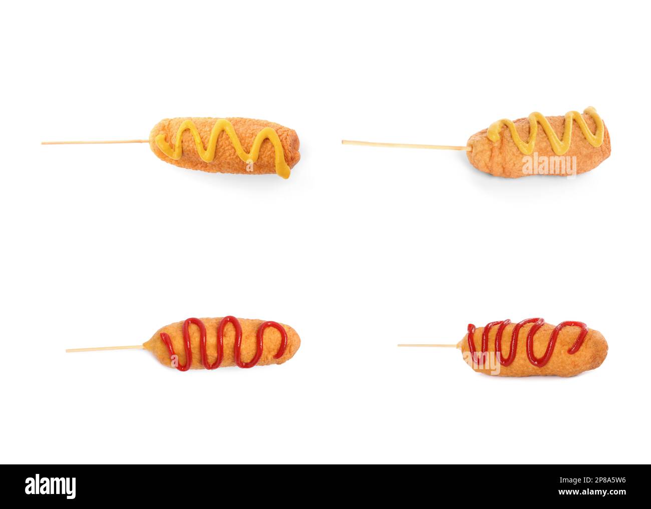 Set with delicious deep fried corn dogs on white background Stock Photo ...