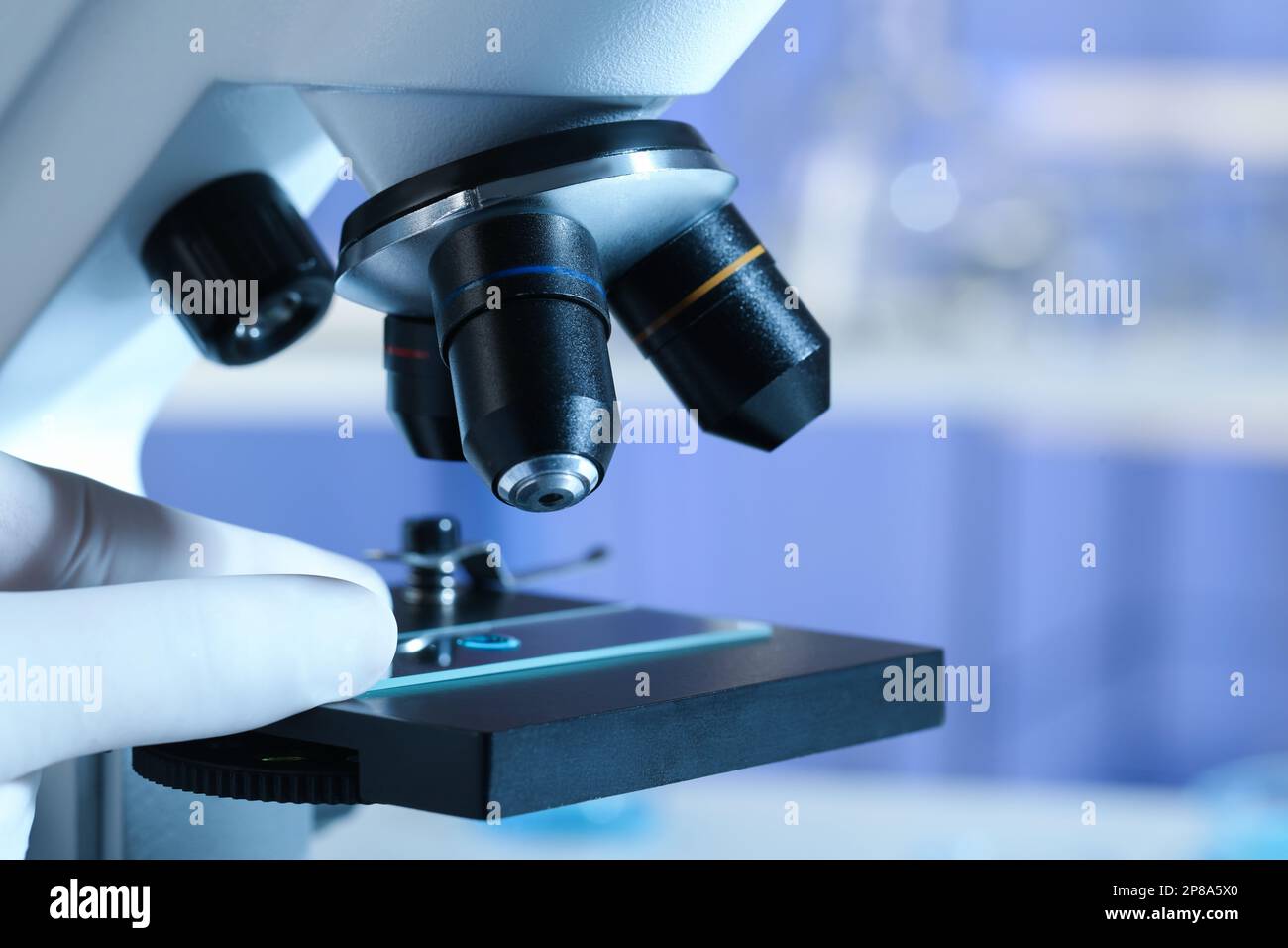 Scientist examining sample of light blue liquid on slide under ...