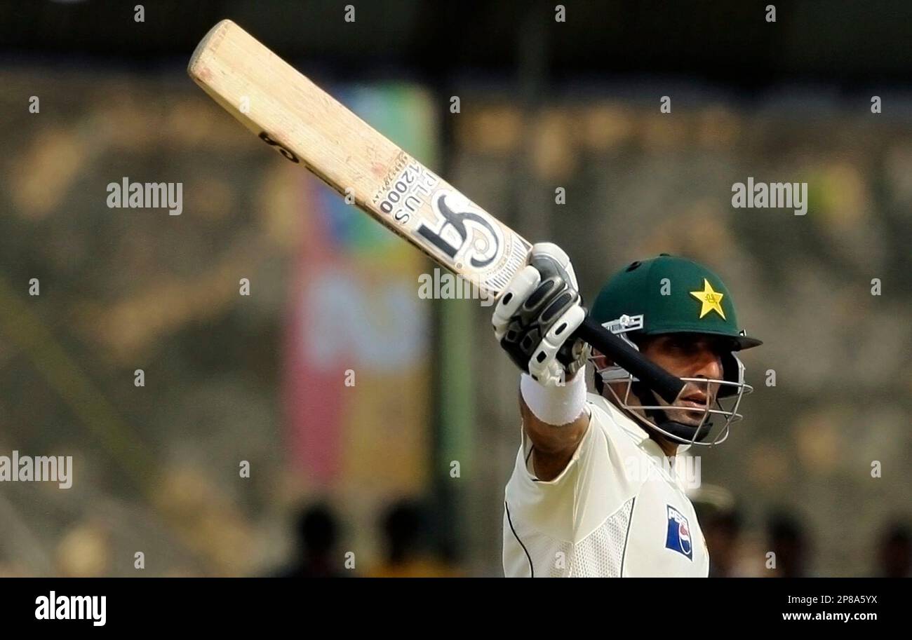 Pakistan's cricketer Misbah-ul-Haq acknowledges the crowd on completing ...