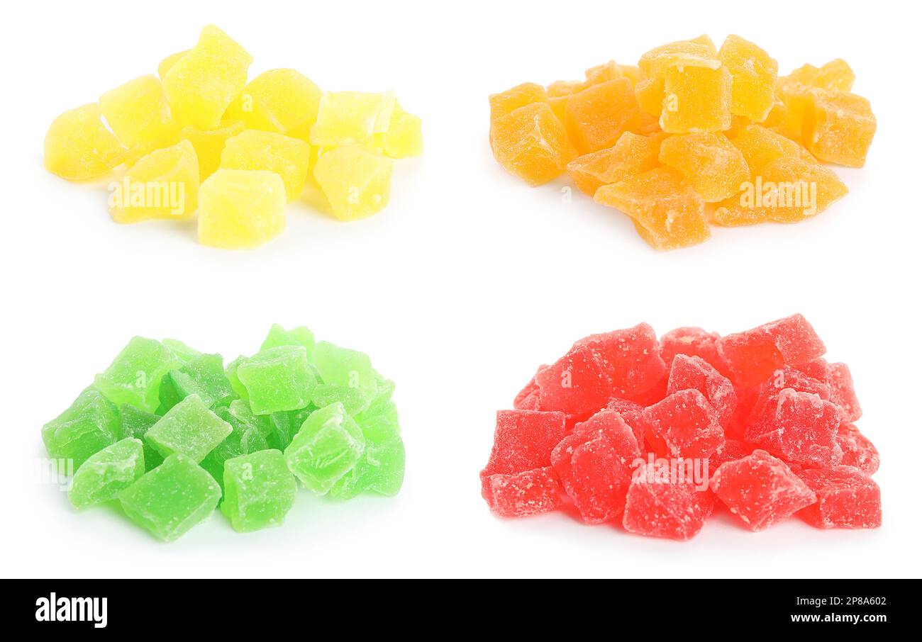 Set with tasty pieces of candied fruits on white background Stock Photo ...
