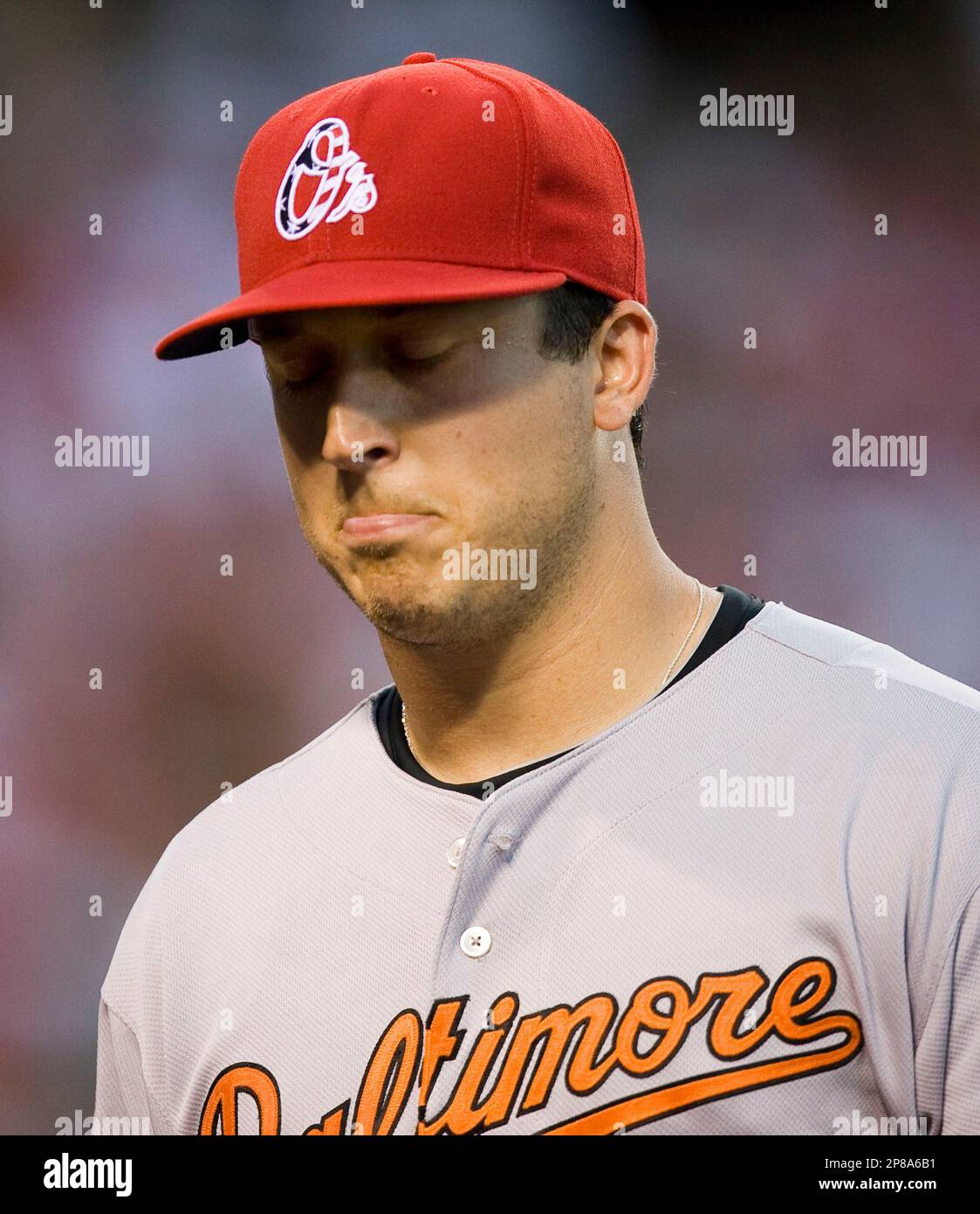 Baltimore Orioles starting pitcher Jason Berken reacts as he leaves the ...