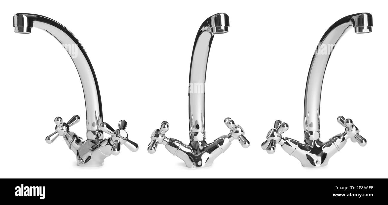 Set with new water faucets on white background. Banner design Stock ...