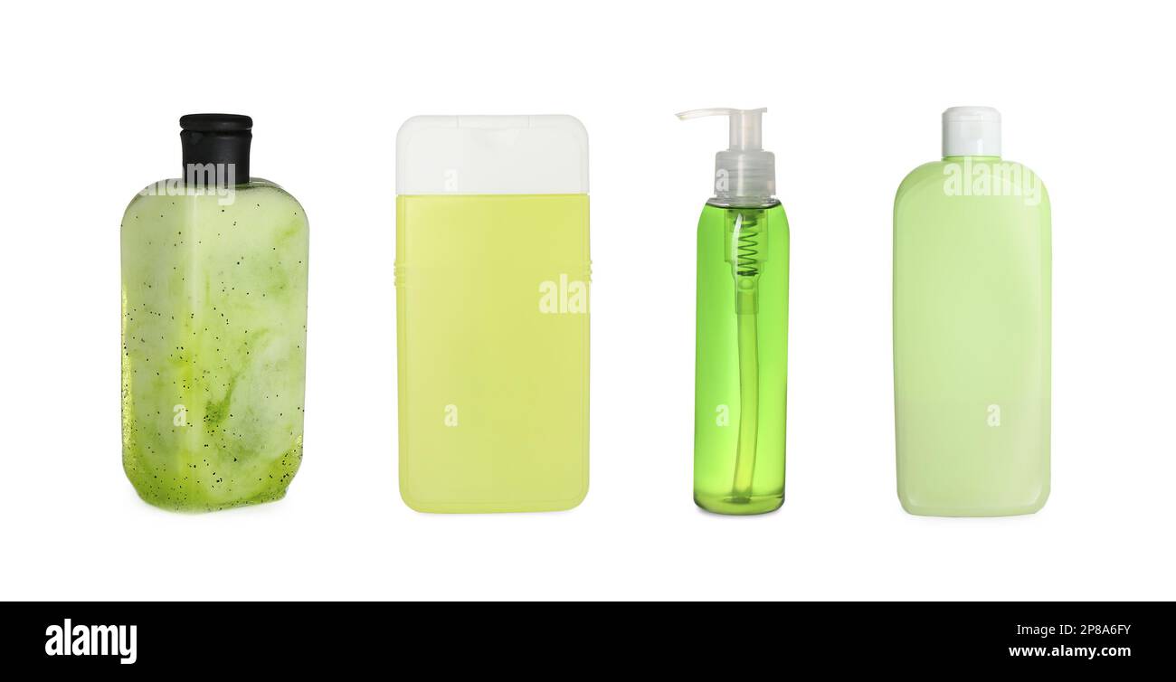 Set with different shower gels on white background. Banner design Stock ...
