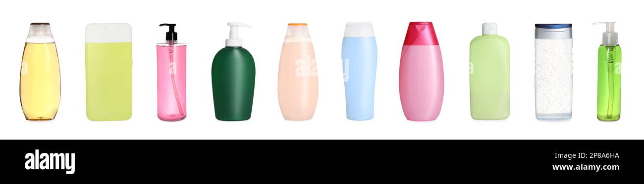 Set with different shower gels on white background. Banner design Stock ...