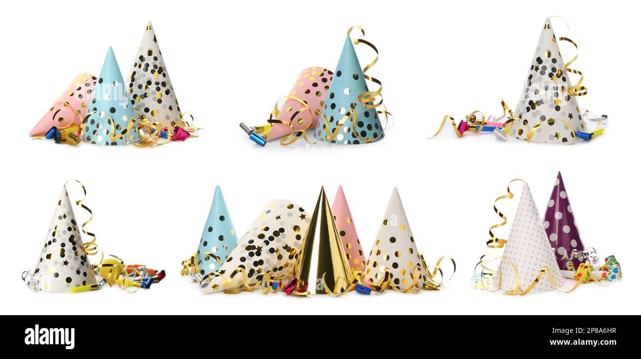 Set with colorful party hats, blowers and streamers on white background ...
