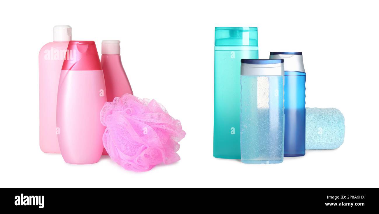 Set with different shower gels on white background. Banner design Stock ...