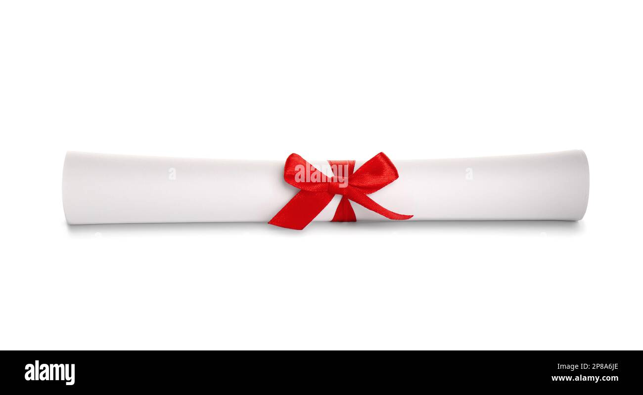Rolled student's diploma with red ribbon isolated on white Stock Photo ...