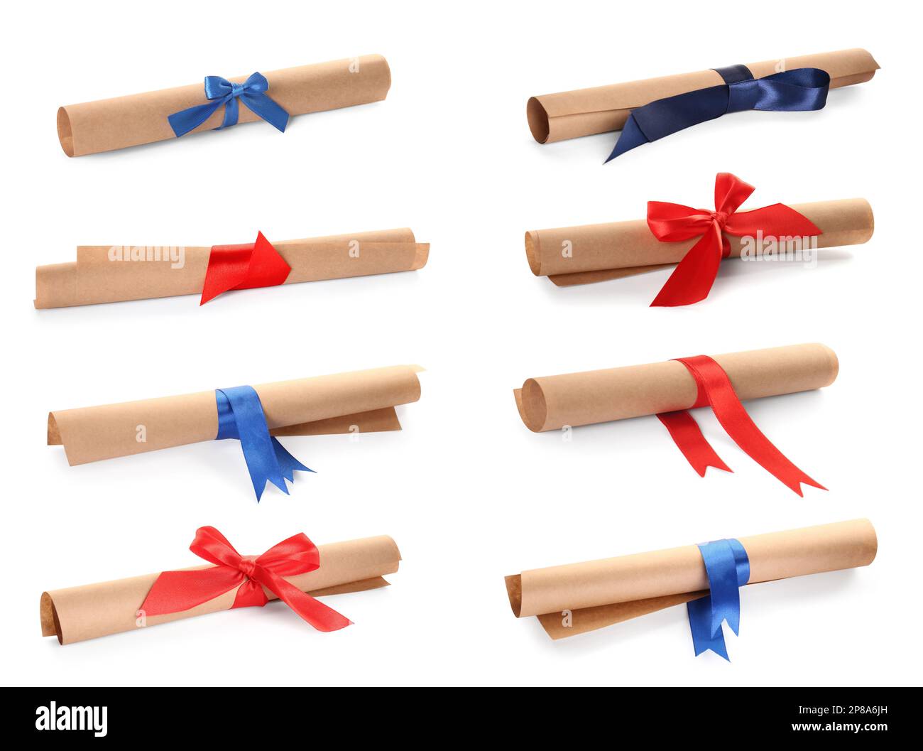 Rolled student's diplomas with blue and red ribbons on white background ...