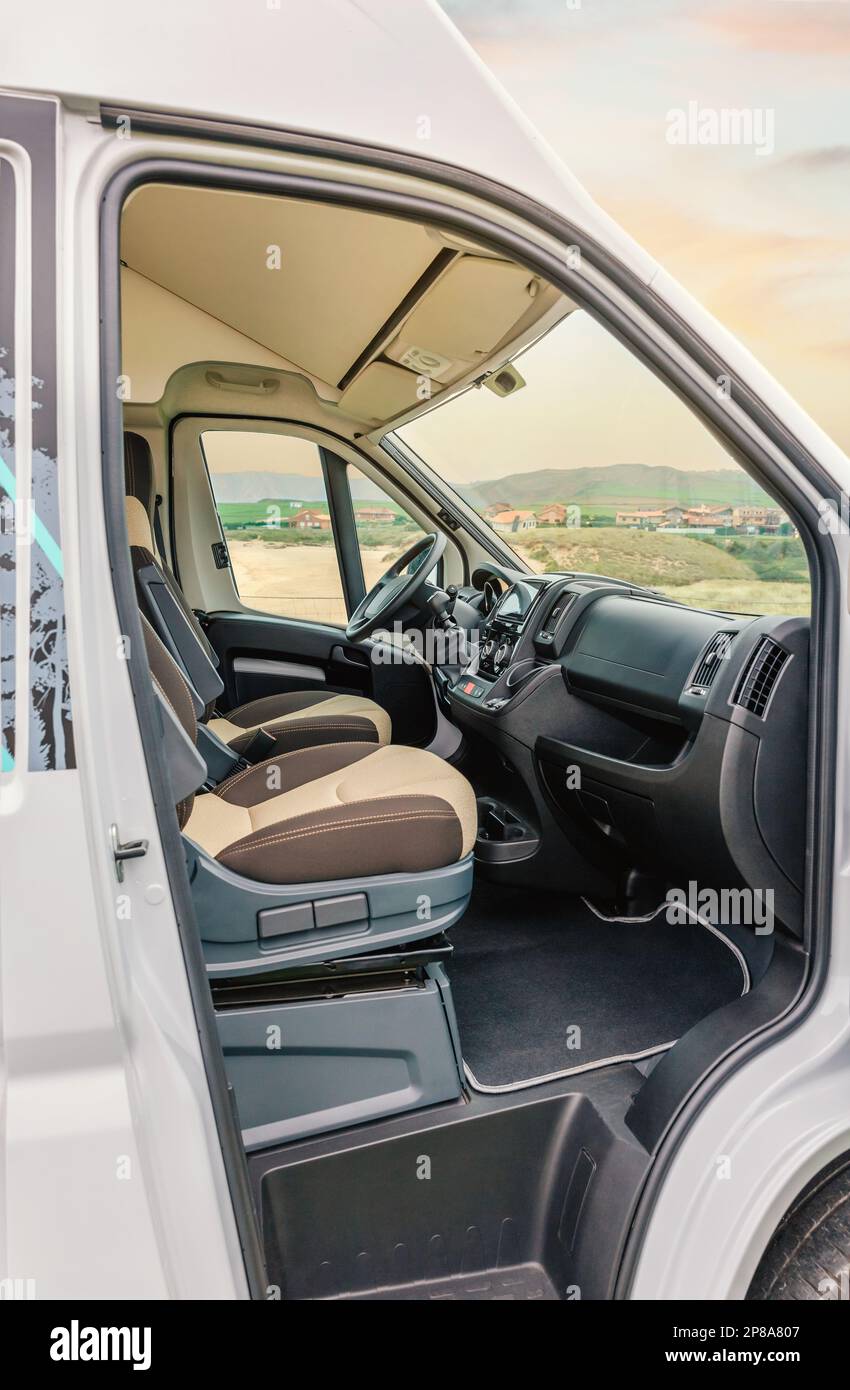 Interior of the front of a camper van Stock Photo - Alamy