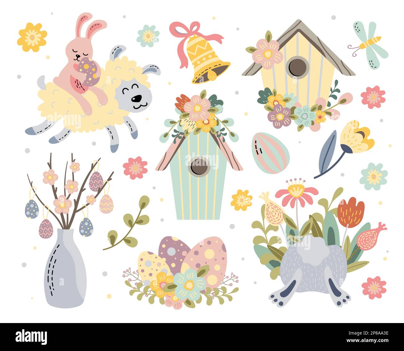 set of vector illustrations of traditional easter items bunny in the ...