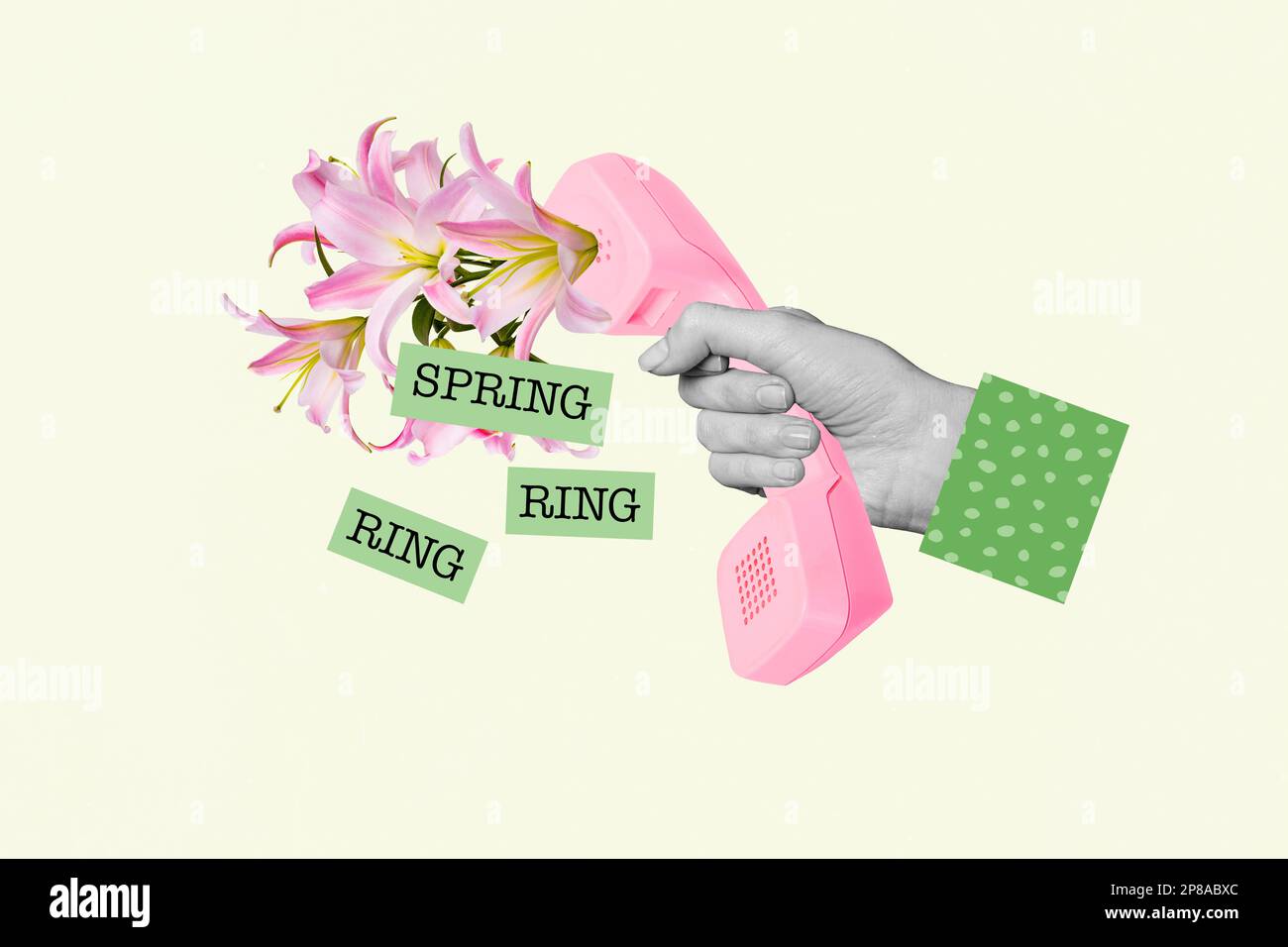 Arm hold big landline pink telephone with lily flowers growing out ...