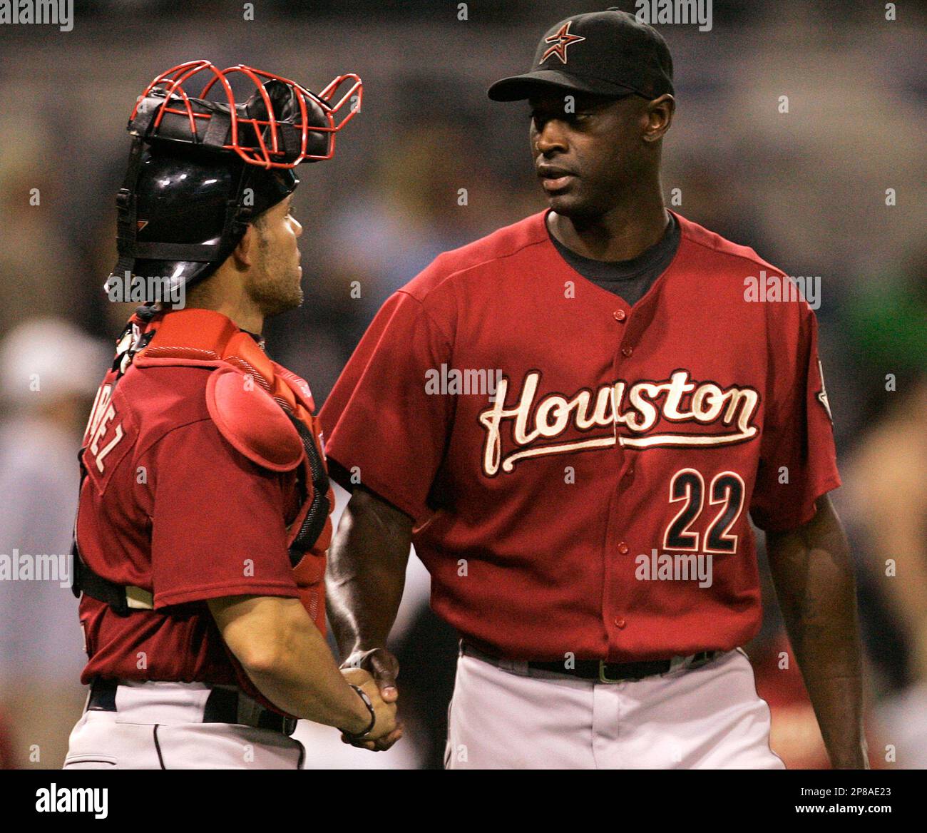 Houston Astros pitcher LaTroy Hawkins, right, and catcher Ivan ...