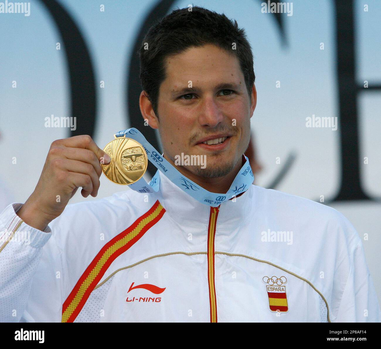 Spain's Aschwin Faber Wildeboer holds the gold medal after setting a ...