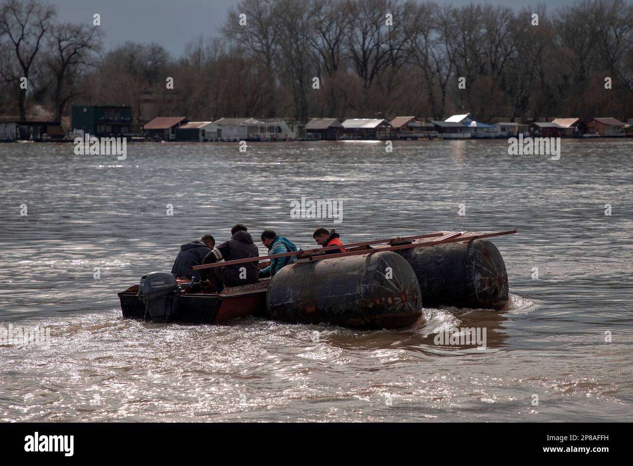 Belgrade, Serbia, Mar 8, 2023: A motorboat sailing along the River Sava ...