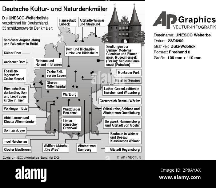 GRA6 GRAFIK UNESCO WELTERBE - Deutschlandkarte mit Lage und Angaben zu ...