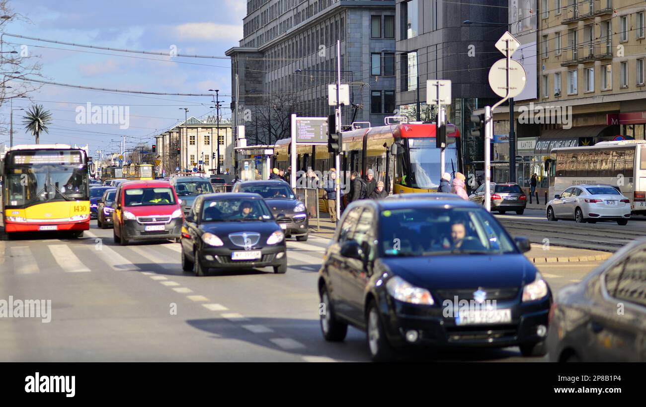Warsaw, Poland. 8 March 2023. Car traffic at rush hour in downtown area ...