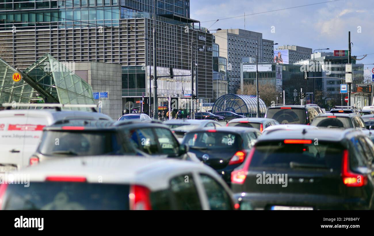Warsaw, Poland. 8 March 2023. Car traffic at rush hour in downtown area ...