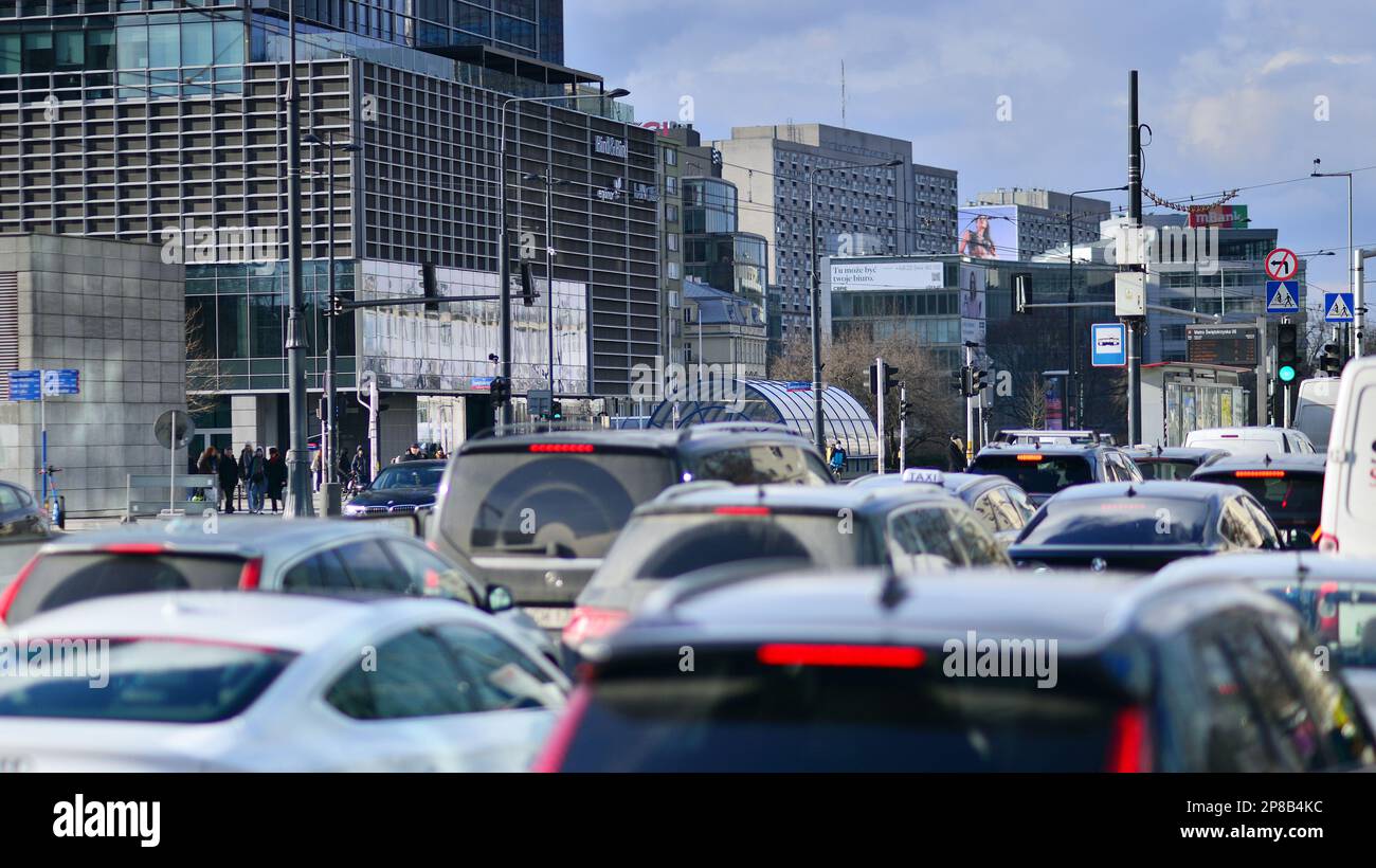 Warsaw, Poland. 8 March 2023. Car traffic at rush hour in downtown area ...