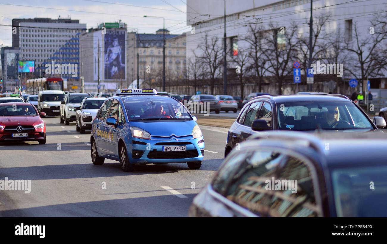 Warsaw, Poland. 8 March 2023. Car traffic at rush hour in downtown area ...