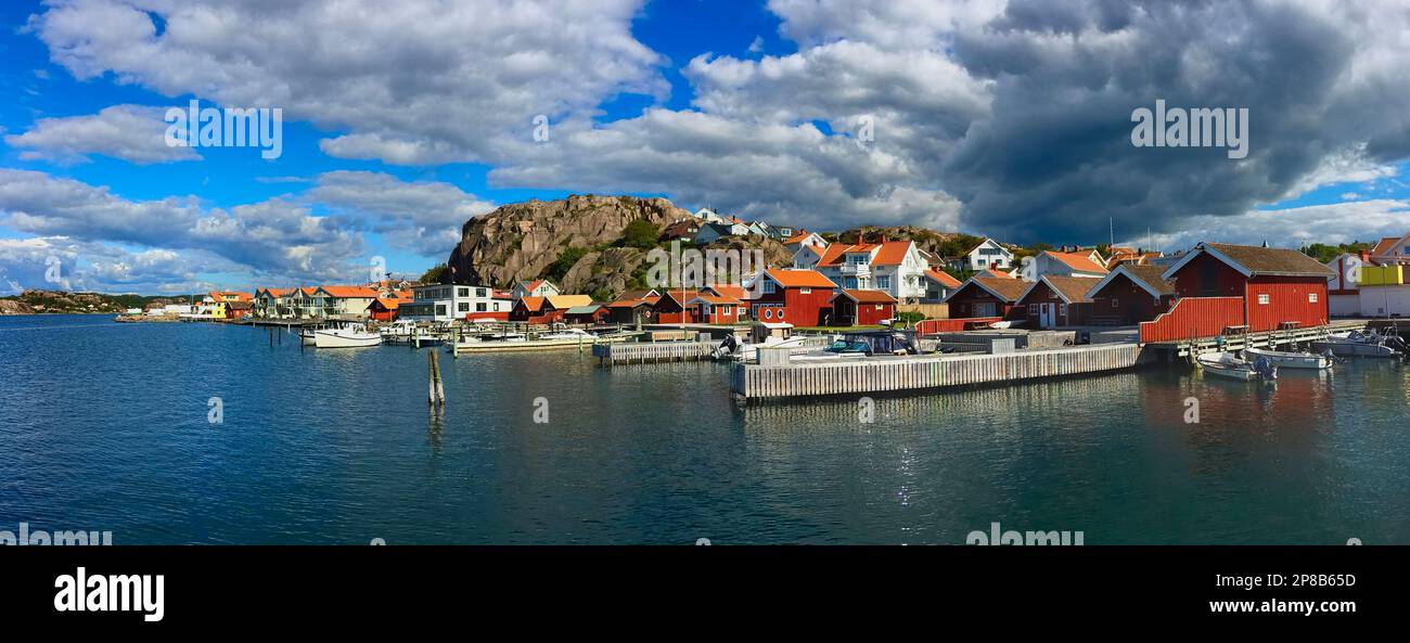 beautiful panoramic view on a swedish typical town at seaside under ...