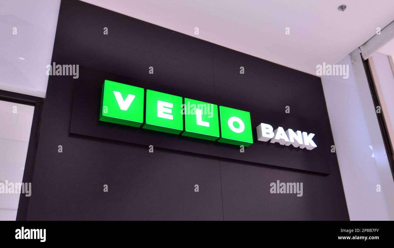 Warsaw, Poland. 8 March 2023. Sign Velo Bank. Company signboard Velo ...