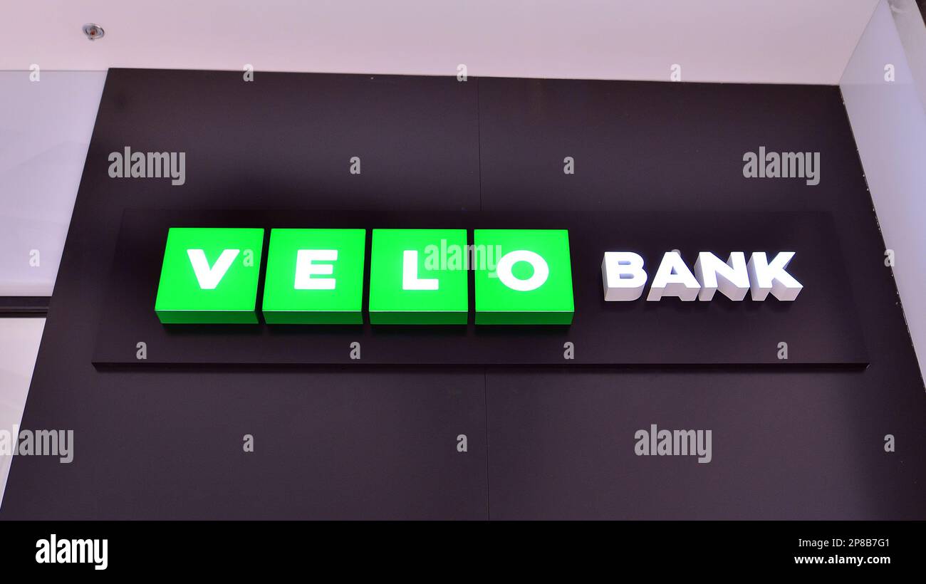 Warsaw, Poland. 8 March 2023. Sign Velo Bank. Company signboard Velo ...