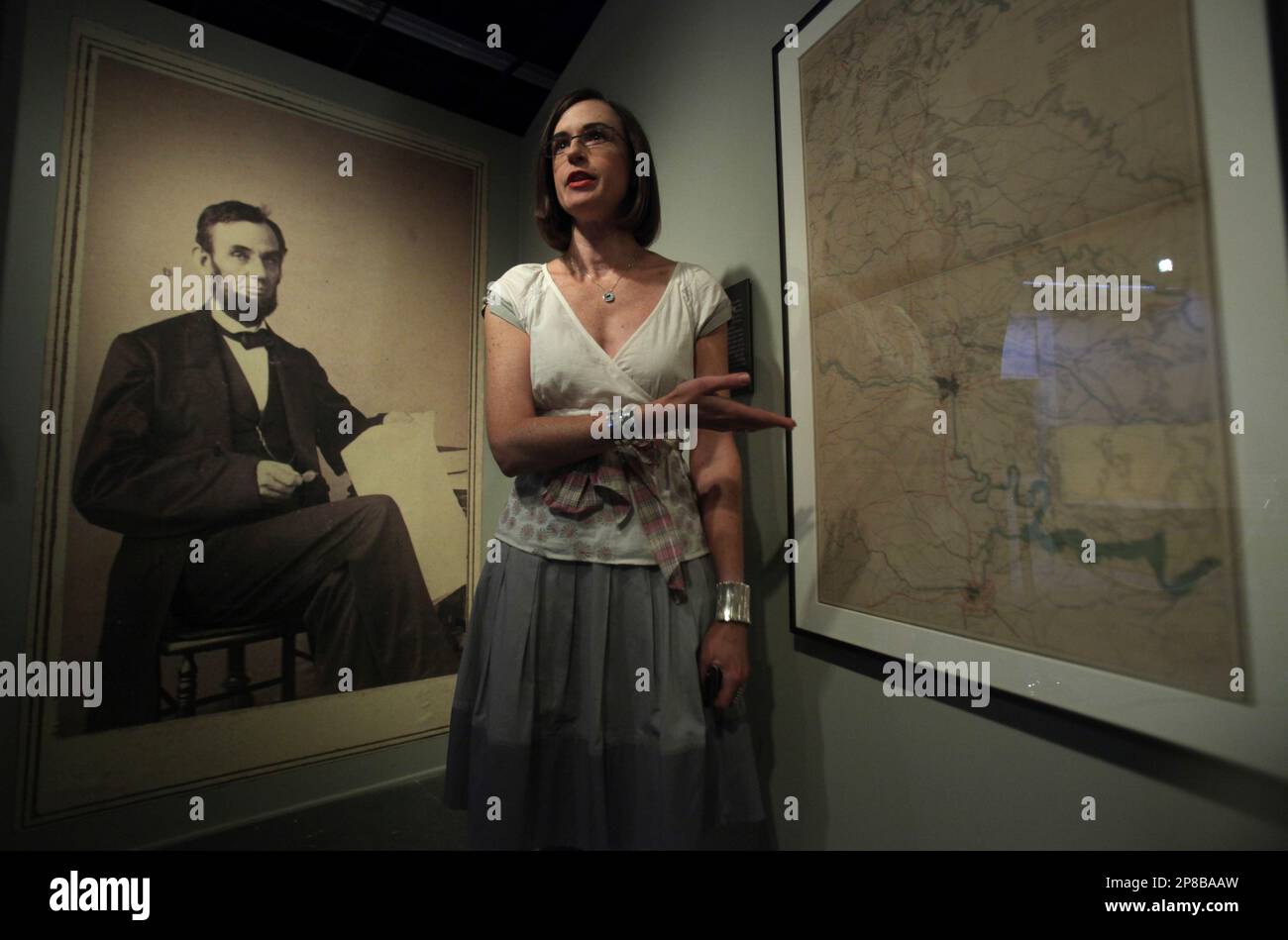 Amanda Meeker, Deputy Director of the California Museum, points at an ...