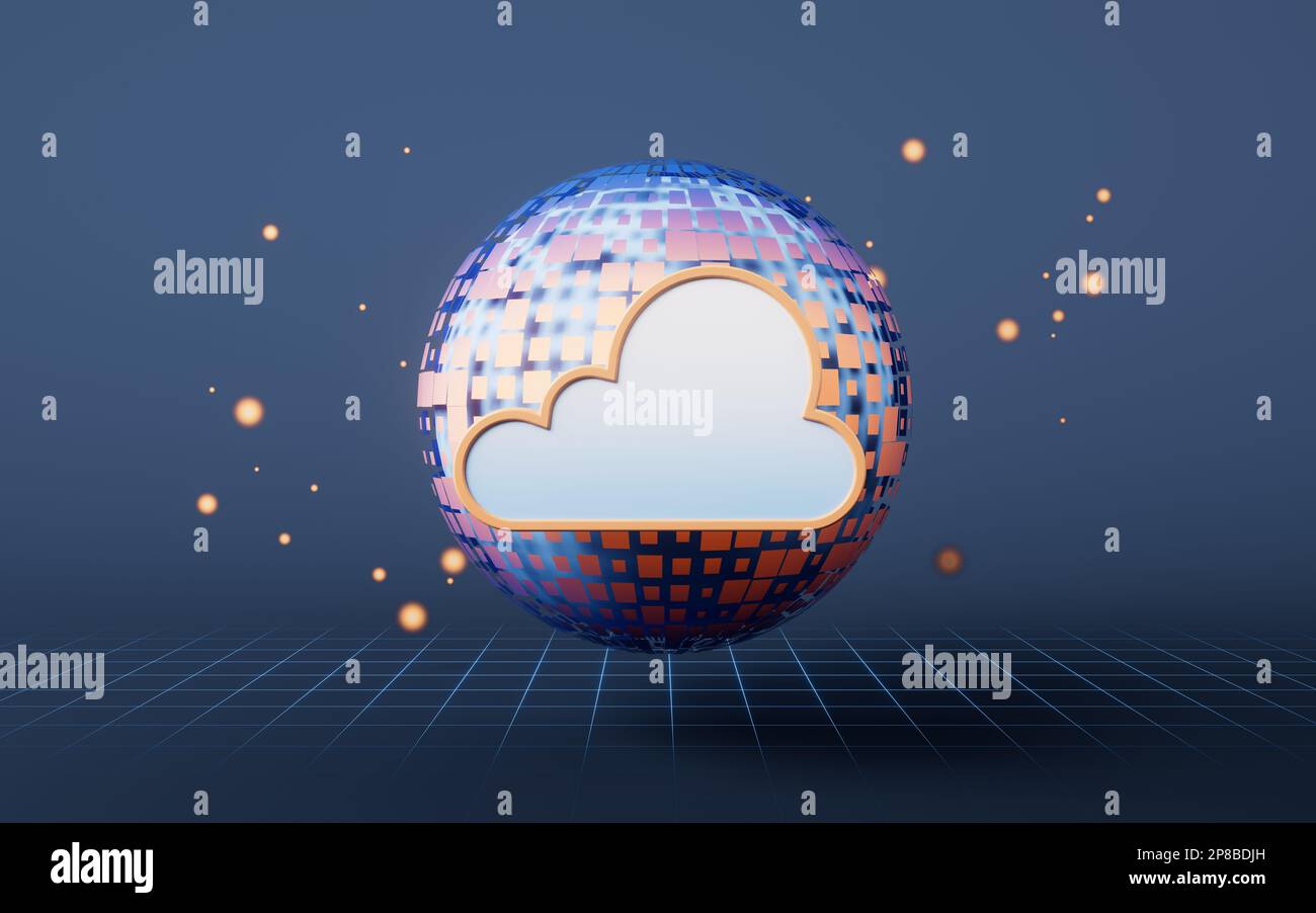 Cloud computing with digital sphere, 3d rendering. Digital drawing ...