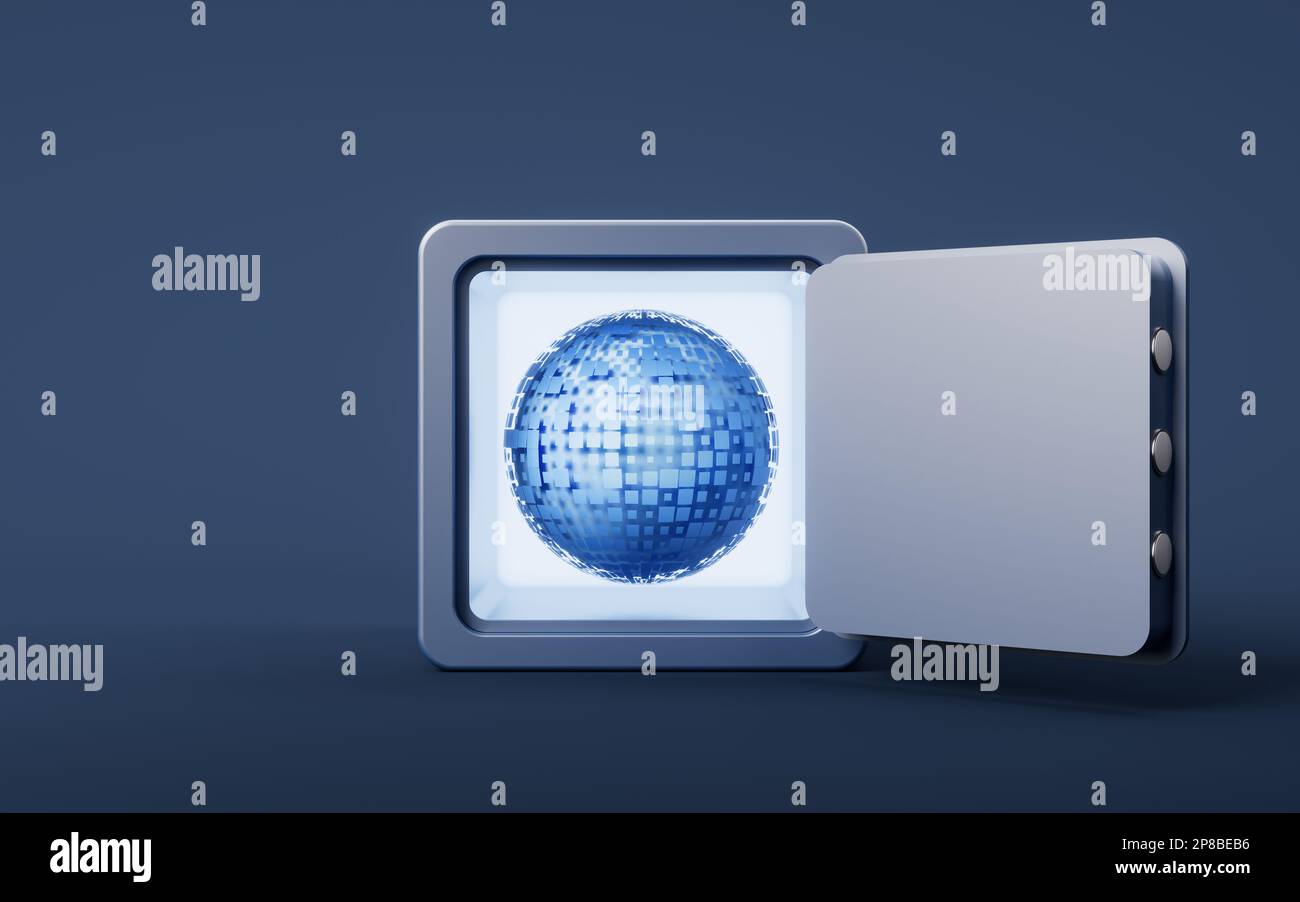 Safe box with digital sphere background, 3d rendering. Digital drawing ...