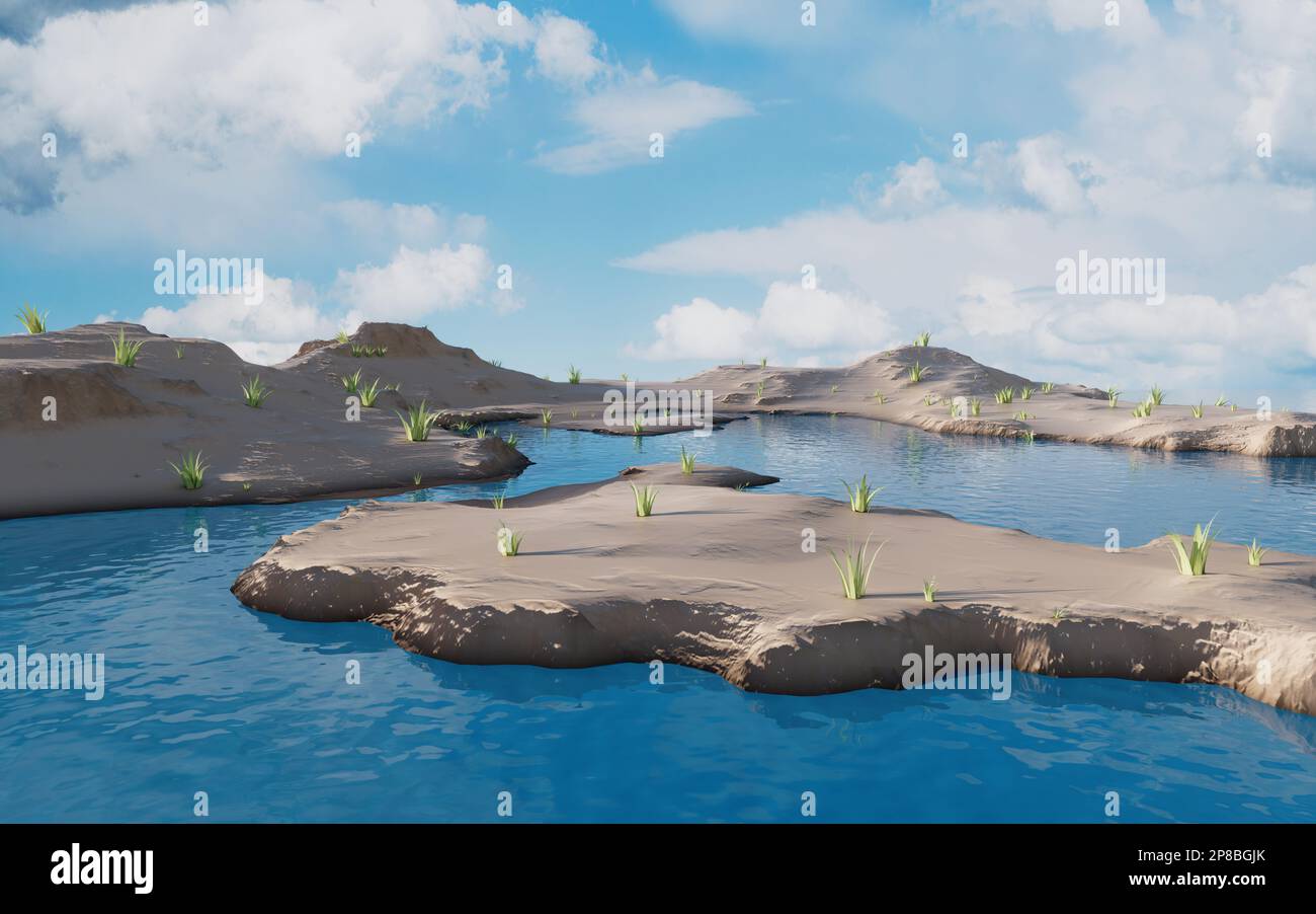 Barren land and lakes, 3d rendering. Digital drawing Stock Photo - Alamy