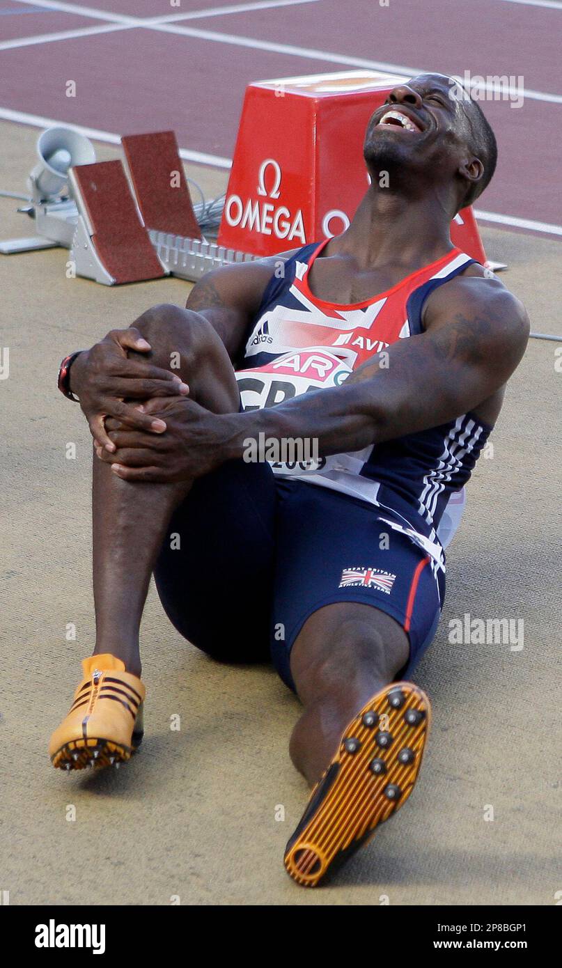 Britain's Dwain Chambers reacts after winning the 200 meters men race ...