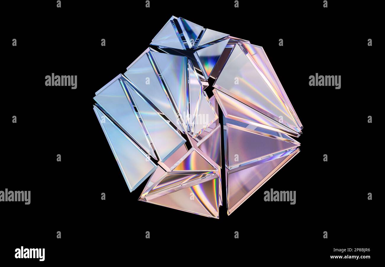 Glass geometries with dispersion colors, 3d rendering. Digital drawing ...
