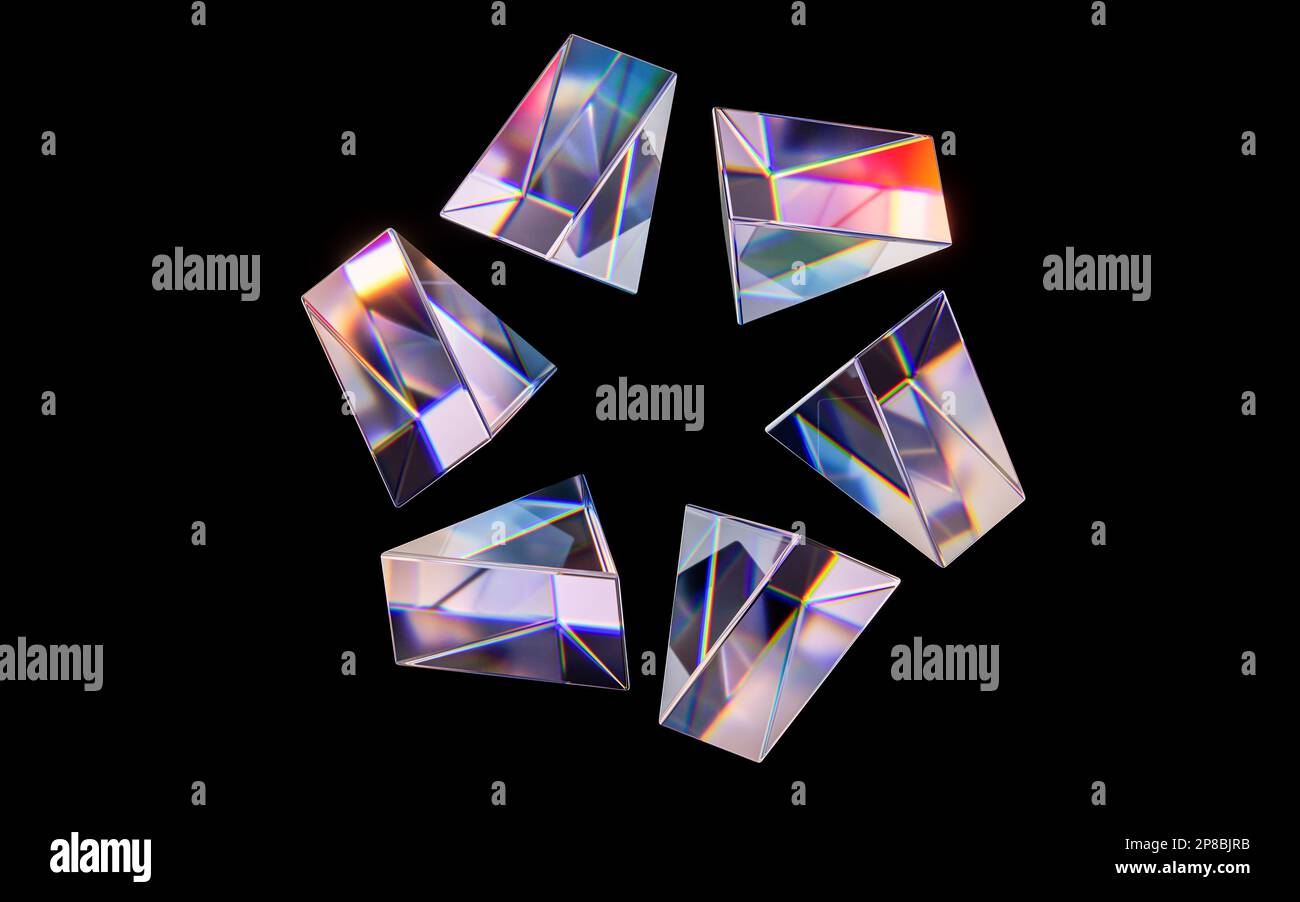 Glass geometries with dispersion colors, 3d rendering. Digital drawing ...