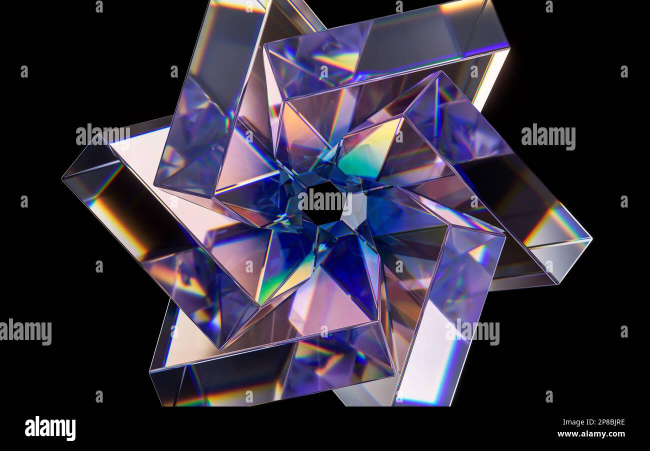 Glass geometries with dispersion colors, 3d rendering. Digital drawing ...